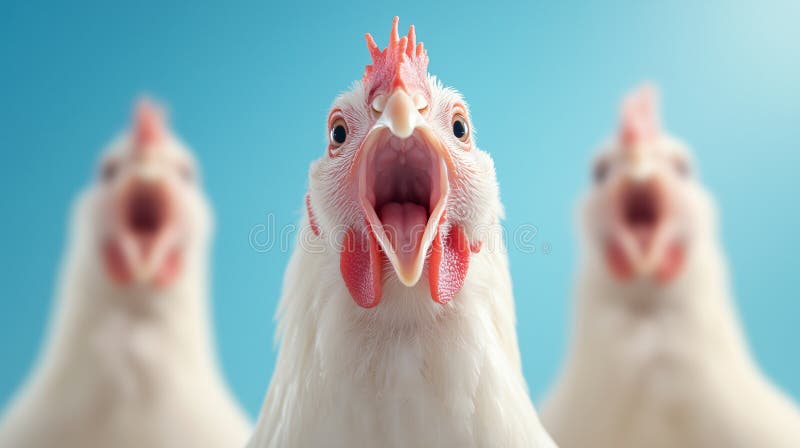 Three Chickens Vocalizing Against a Bright Blue Background in a Lively ...