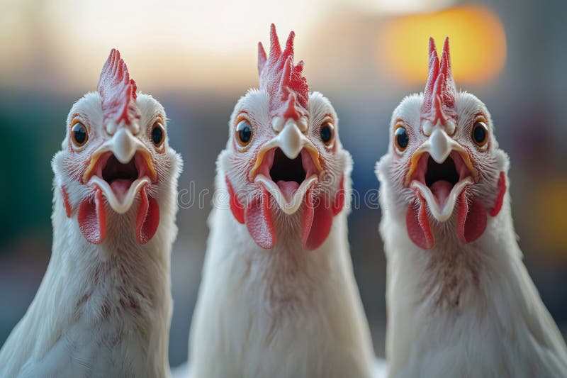 Three Surprised White Chickens with Open Beaks Stock Image - Image of ...