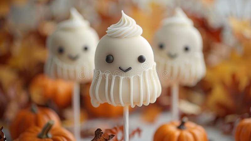 Three White Chocolate Ghost Cake Pops with Smiling Faces and Drizzled ...
