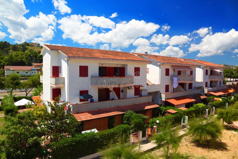 Three White Cottage with Garden and Terraces Stock Image - Image of ...