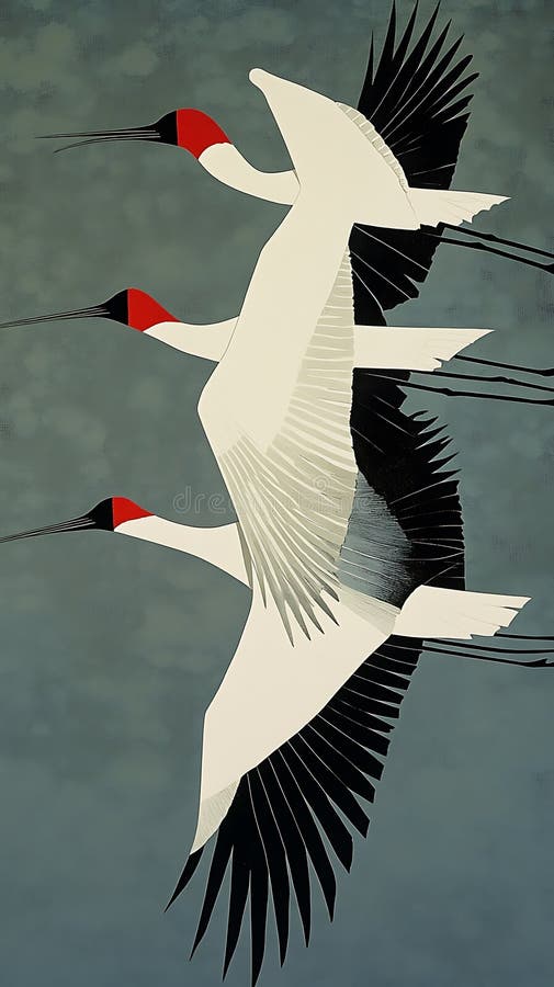 Three White Cranes in Flight Against a Grey Sky Stock Illustration ...