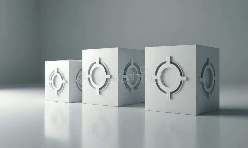Three White Cubes with Circular Cutouts Stand in Row, Casting Shadow on ...