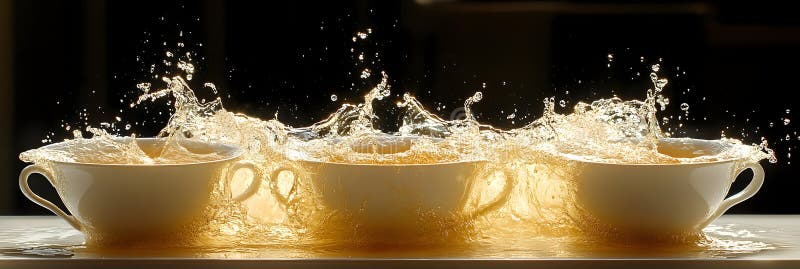 Three White Cups Overflowing with Liquid Creating a Splash Against a ...