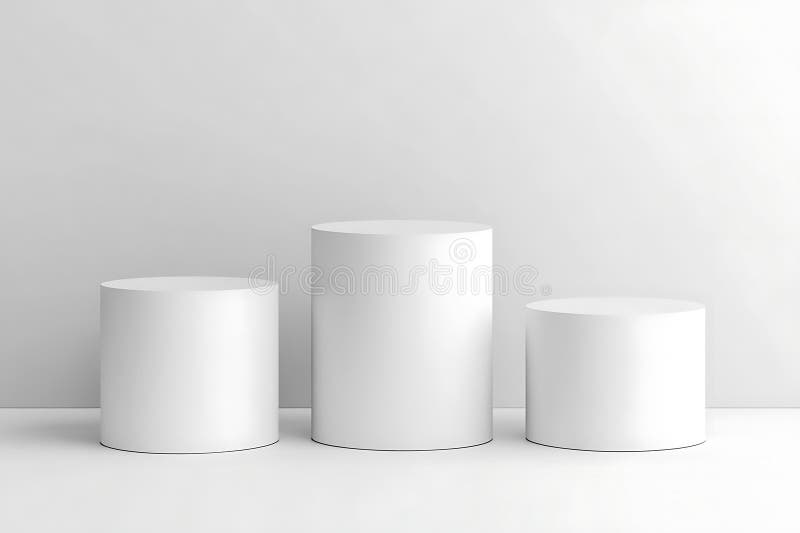 Three White Cylindrical Display Stands in a Clean Minimalist Studio ...
