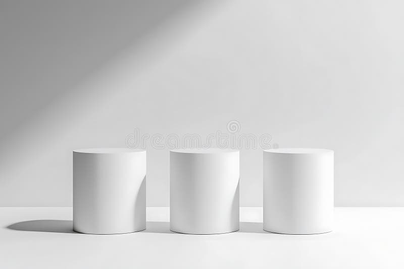 Three White Cylindrical Display Stands in a Clean Minimalist Studio ...