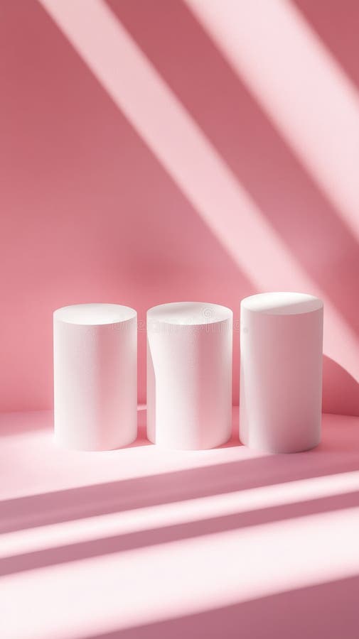 Three White Cylindrical Objects on a Pink Background with Shadows ...