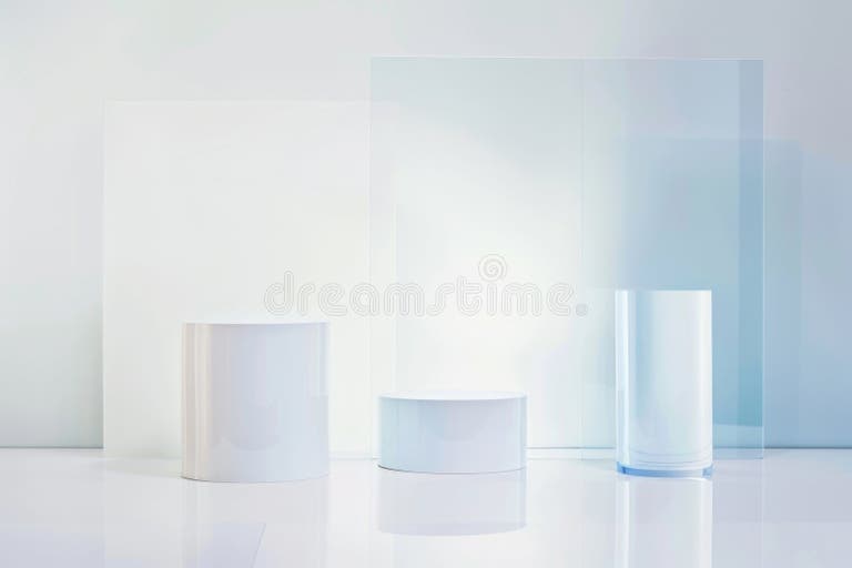 Three White Cylindrical Platforms Stand on a White Surface Against a ...