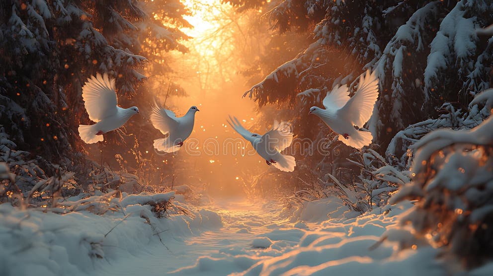 Three White Doves in Flight through a Snowy Forest at Sunset Stock ...