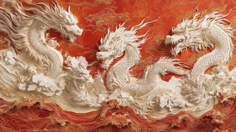 Three White Dragons Soaring through Orange Clouds Stock Illustration - Illustration of carving ...