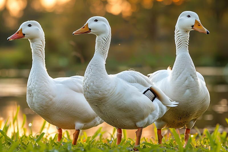 Three White Ducks Standing on the Grass, Professional Photography, High ...