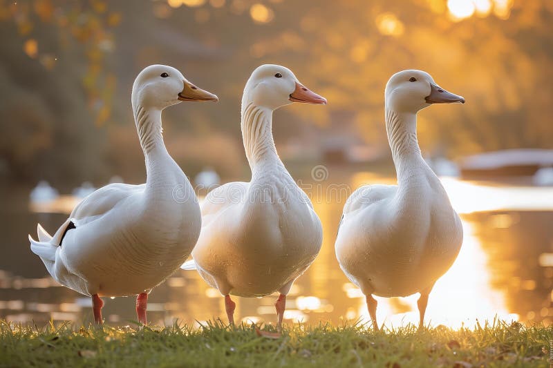 Three White Ducks Standing on the Grass, Professional Photography, High ...