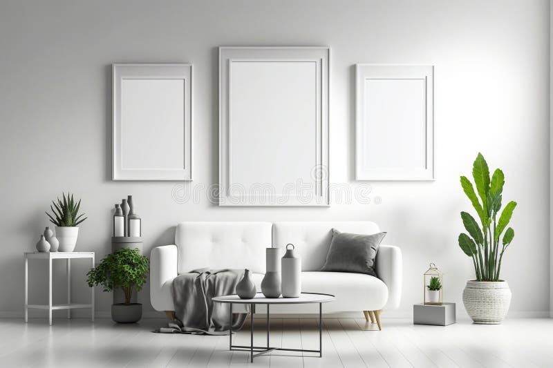 Three White Empty Frame Hang Above the Sofa on the White Wall of the ...