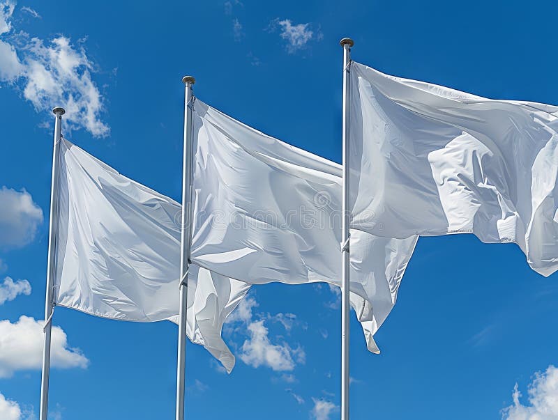 Three White Flags are Flying in the Wind Stock Photo - Image of ...