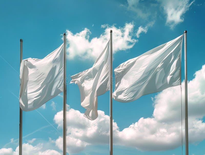 Three White Flags Flying in the Wind Stock Photo - Image of cloth ...