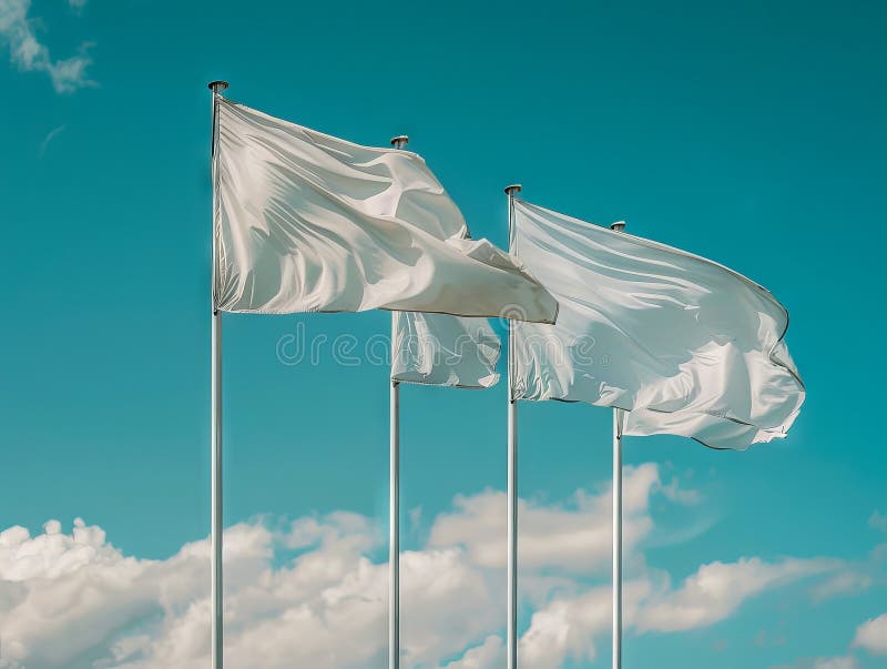 Three White Flags Flying in the Wind Stock Photo - Image of flags ...