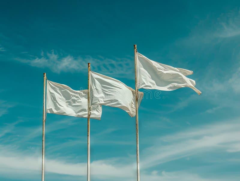 Three White Flags Flying in the Wind Stock Photo - Image of generated ...
