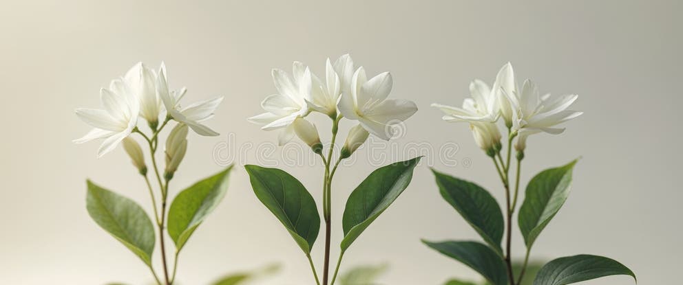 Three White Flowered Plants with Green Leaves Stock Image - Image of ...