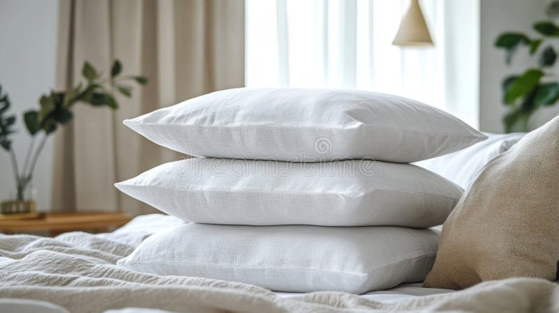 Three White Fluffy Pillows Stacked on a Beige Bed Stock Illustration ...