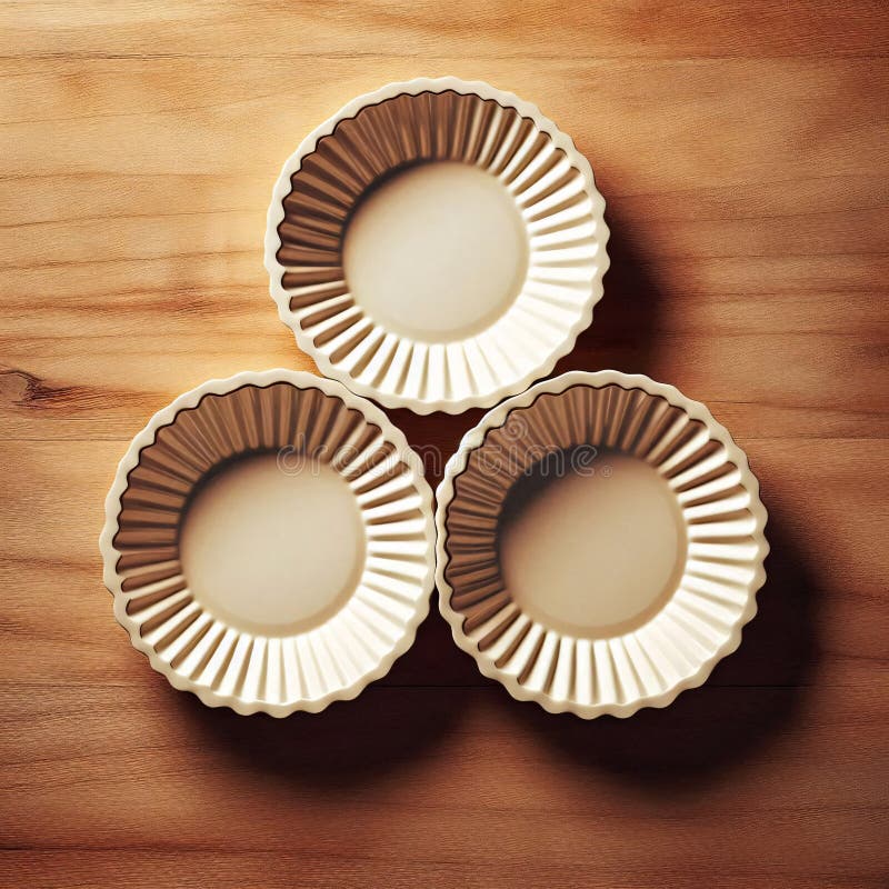 Three White Fluted Baking Molds on a Wooden Surface Stock Illustration ...