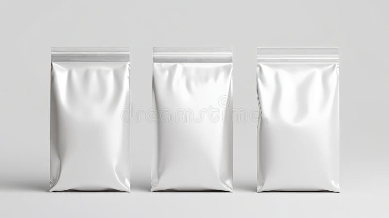 Three White Foil Pouches Mockup, Packaging Design, Blank Template ...