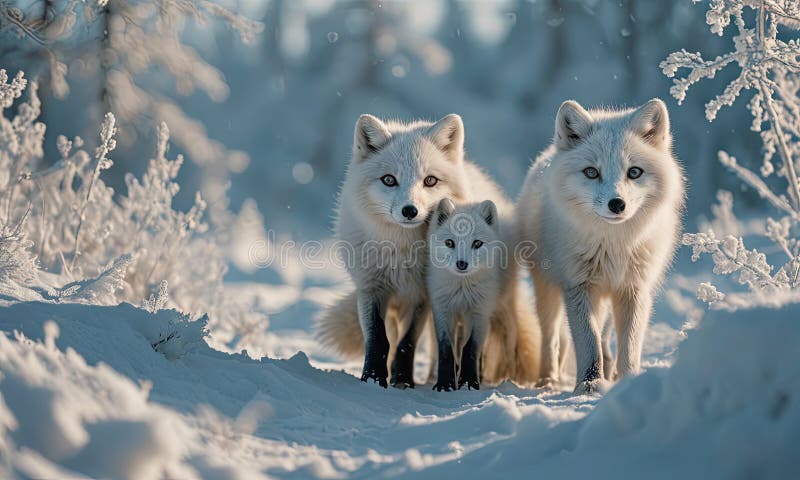 Three White Foxes are Standing in the Snow, with the Middle One ...