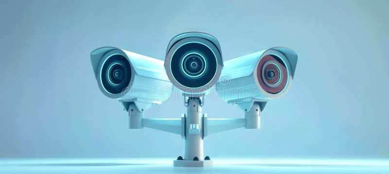Three White Futuristic CCTV Cameras with Holographic Lenses on Light ...