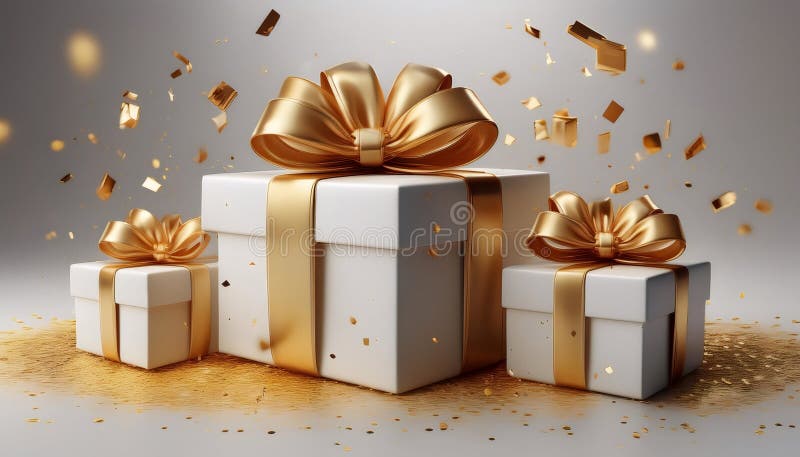 Three White Gift Boxes with Golden Ribbons and Falling Confetti Create ...