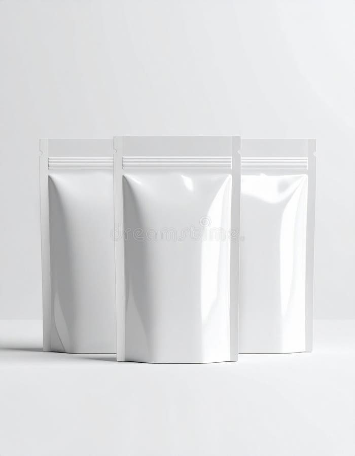 Three White Glossy Stand Up Pouches on White Background Stock ...