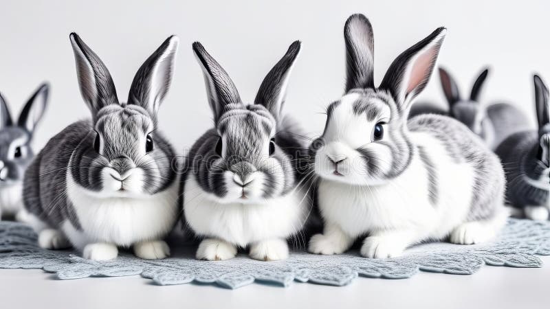Three White and Gray Rabbits are Standing Next To Each Other on a Blue ...