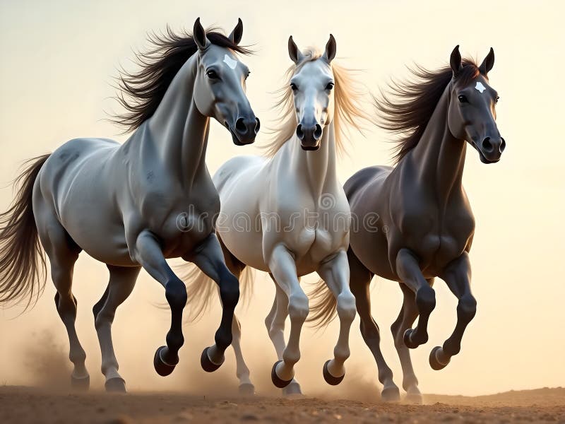 Three White Horses Running in the Desert Generated Stock Illustration ...