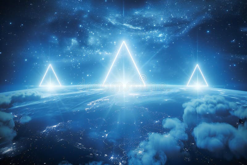 Three White Light Beams, Blue Background, Floating Above the Earth in ...