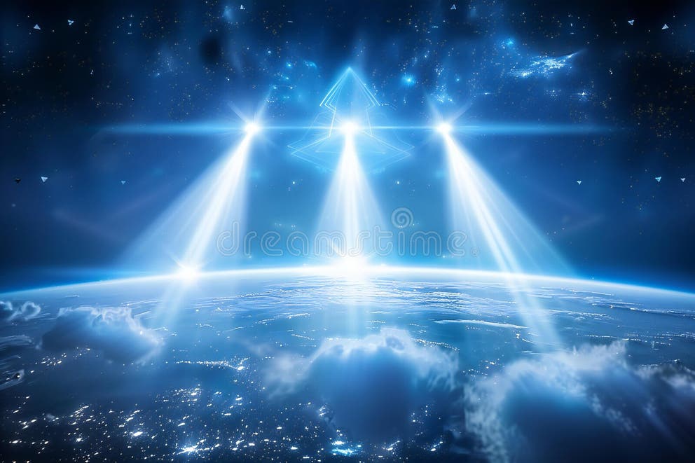 Three White Light Beams, Blue Background, Floating Above the Earth in ...
