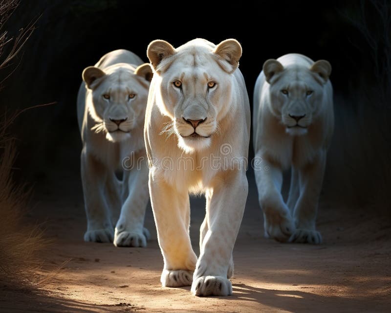 Three White Lionesses are Walking with a White Lion. Stock Illustration ...