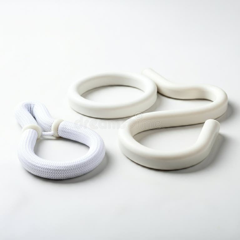 Three White, Looped Objects on a Smooth Surface. Two are Solid, with a ...