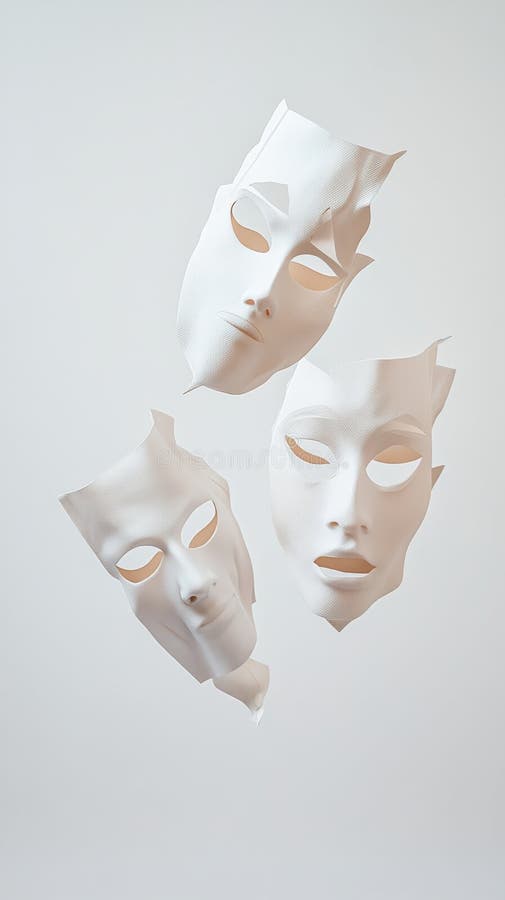 Three White Masks Levitating on a White Background Stock Image - Image ...