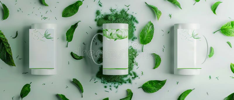 Three White Mock-up Cups with Green Mint Leaves on Top of Them Stock ...