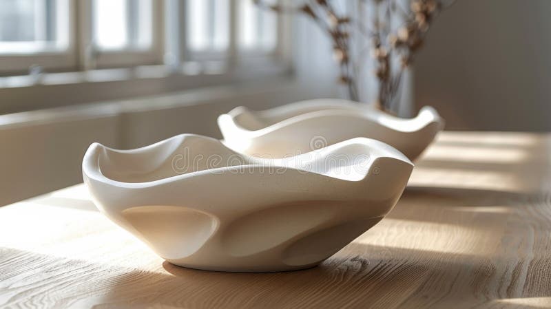 Three White Modern Ceramic Fruit Bowls on a Wooden Table. Stock Image ...
