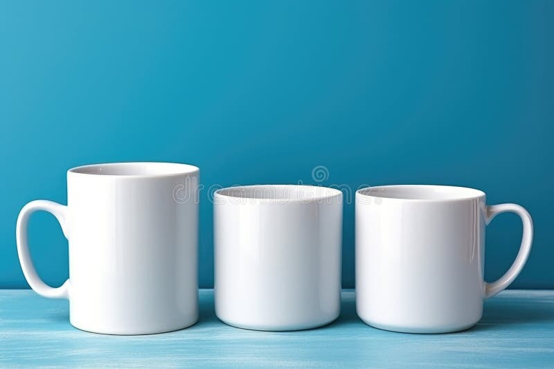Three White Mugs on a Blue Background, AI Stock Illustration ...