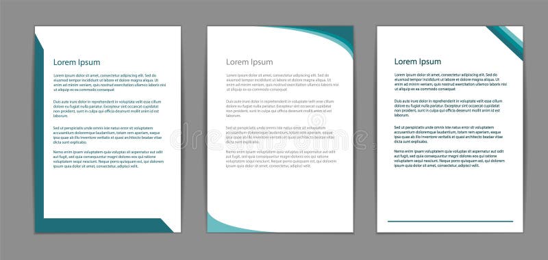 Three White Papers with Teal Blue Design Elements on a Gray Background ...