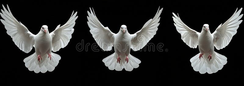 Three White Pigeons Fly in Different Directions on a Black Background ...