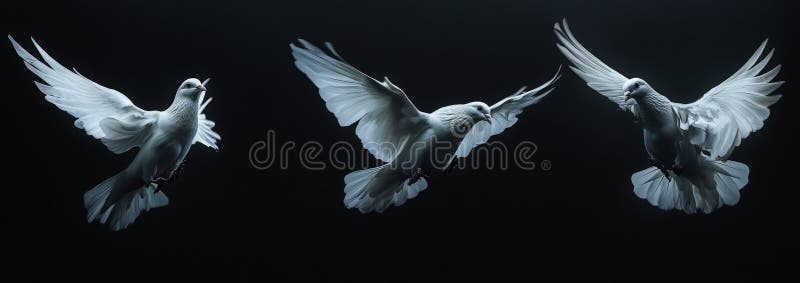 Three White Pigeons Fly in Different Directions on a Black Background ...