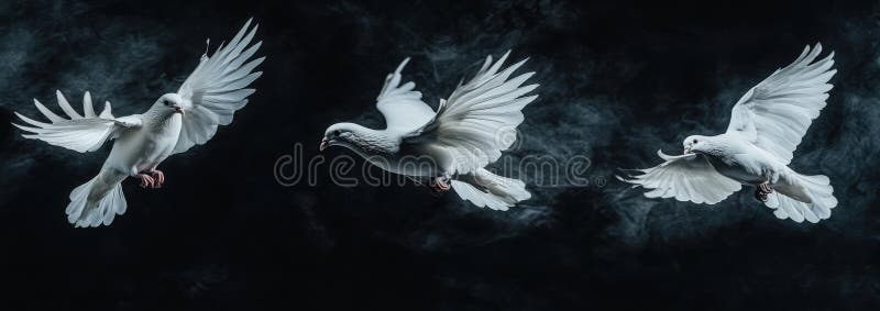 Three White Pigeons Fly in Different Directions on a Black Background ...