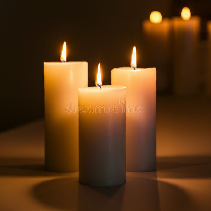 Three White Pillar Candles with Soft, Warm Flames Create a Serene ...