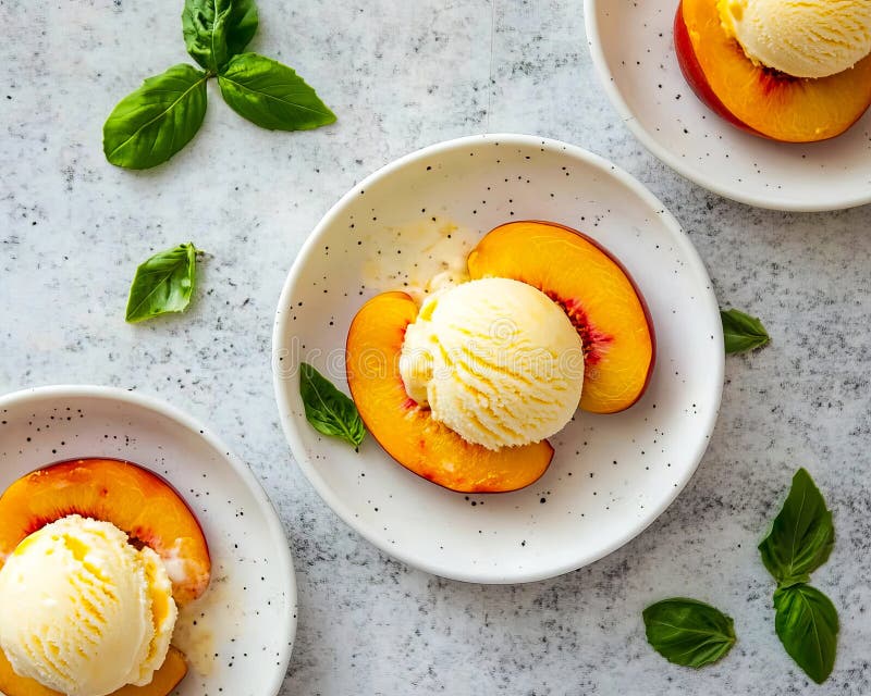 Three White Plates with Peaches and Ice Cream on Them Stock Photo ...
