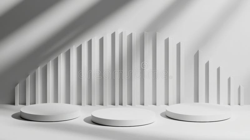 Three White Podiums with Circular Bases and Vertical Slats in the ...