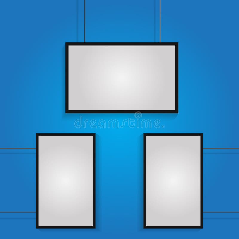 Three White Poster with Black Frame on Blue Wall Eps 10 Stock ...