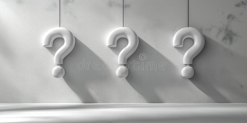 Three White Question Marks Hang from Light Gray Wall. Shadows Cast on ...