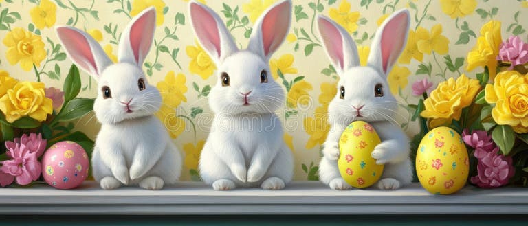 Three White Rabbits with Easter Eggs are Displayed on a Shelf Against a ...