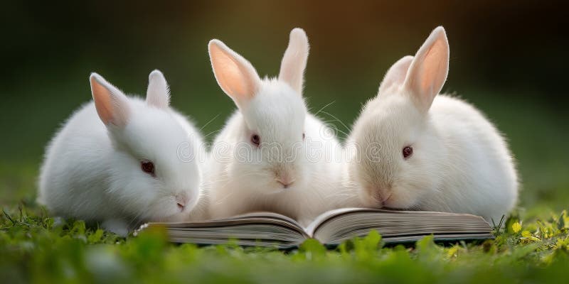 Three White Rabbits Reading a Book in the Grass Stock Image - Image of ...