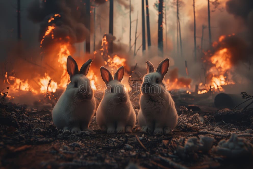 Three White Rabbits are Sitting in a Forest Fire Stock Photo - Image of ...